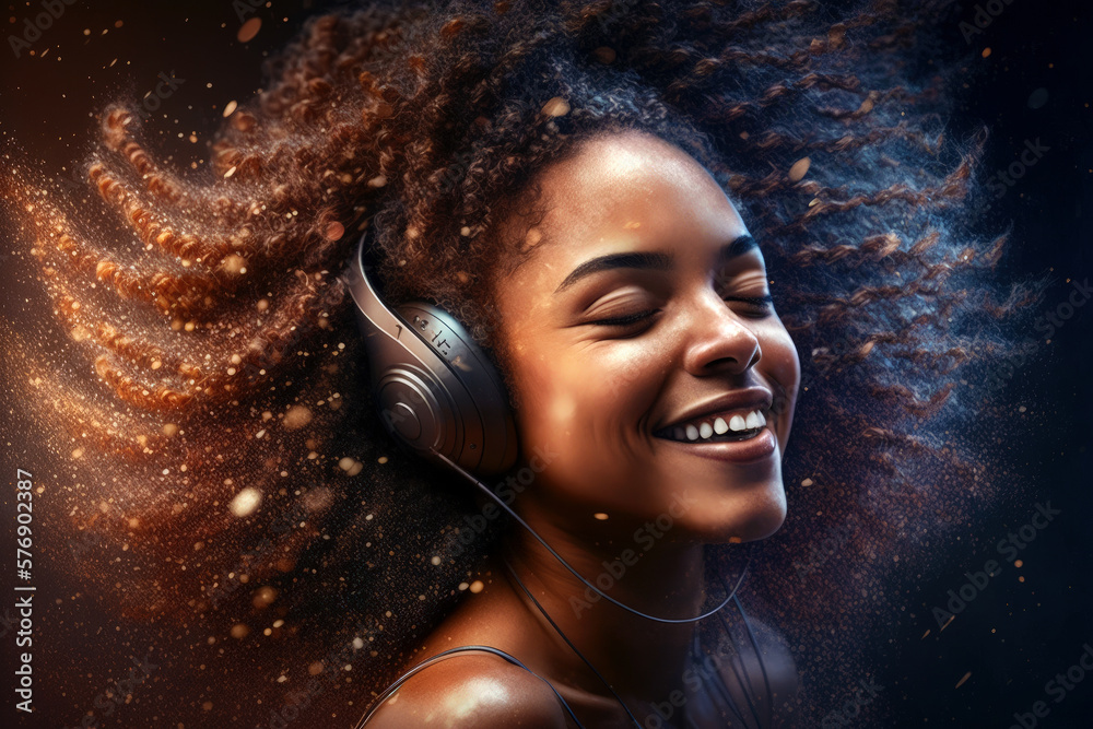 African American Black woman girl, pop culture music headphones sound ...