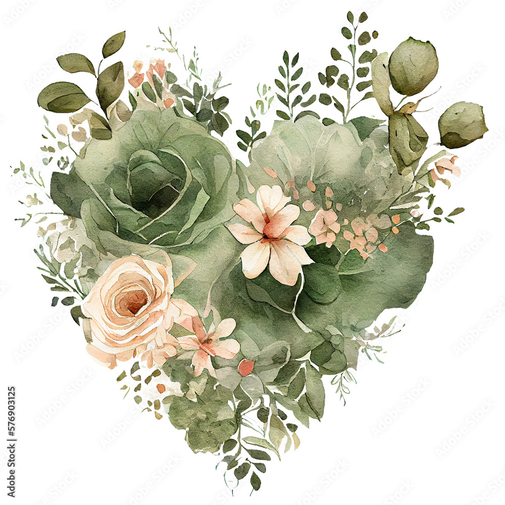 heart shaped Sage Green and Ivory Flowers bouquet, Romantic heart ...