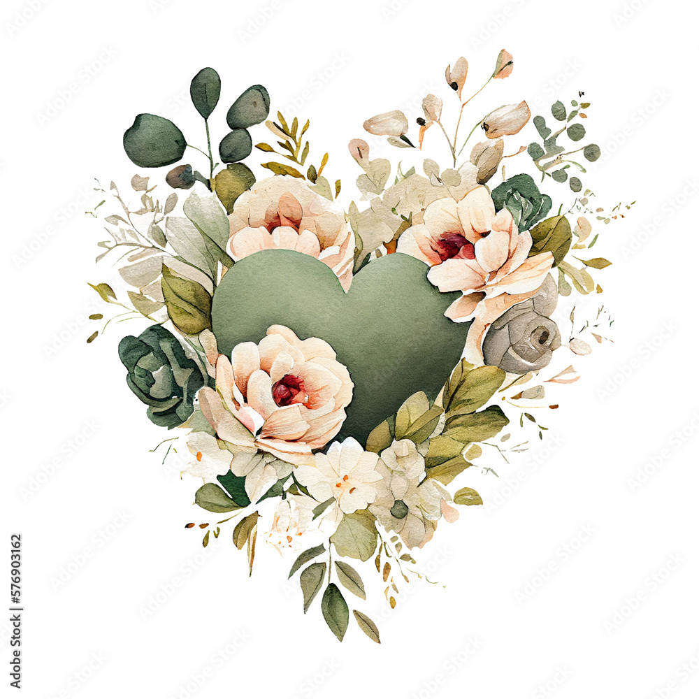 heart shaped Sage Green and Ivory Flowers bouquet, Romantic heart ...