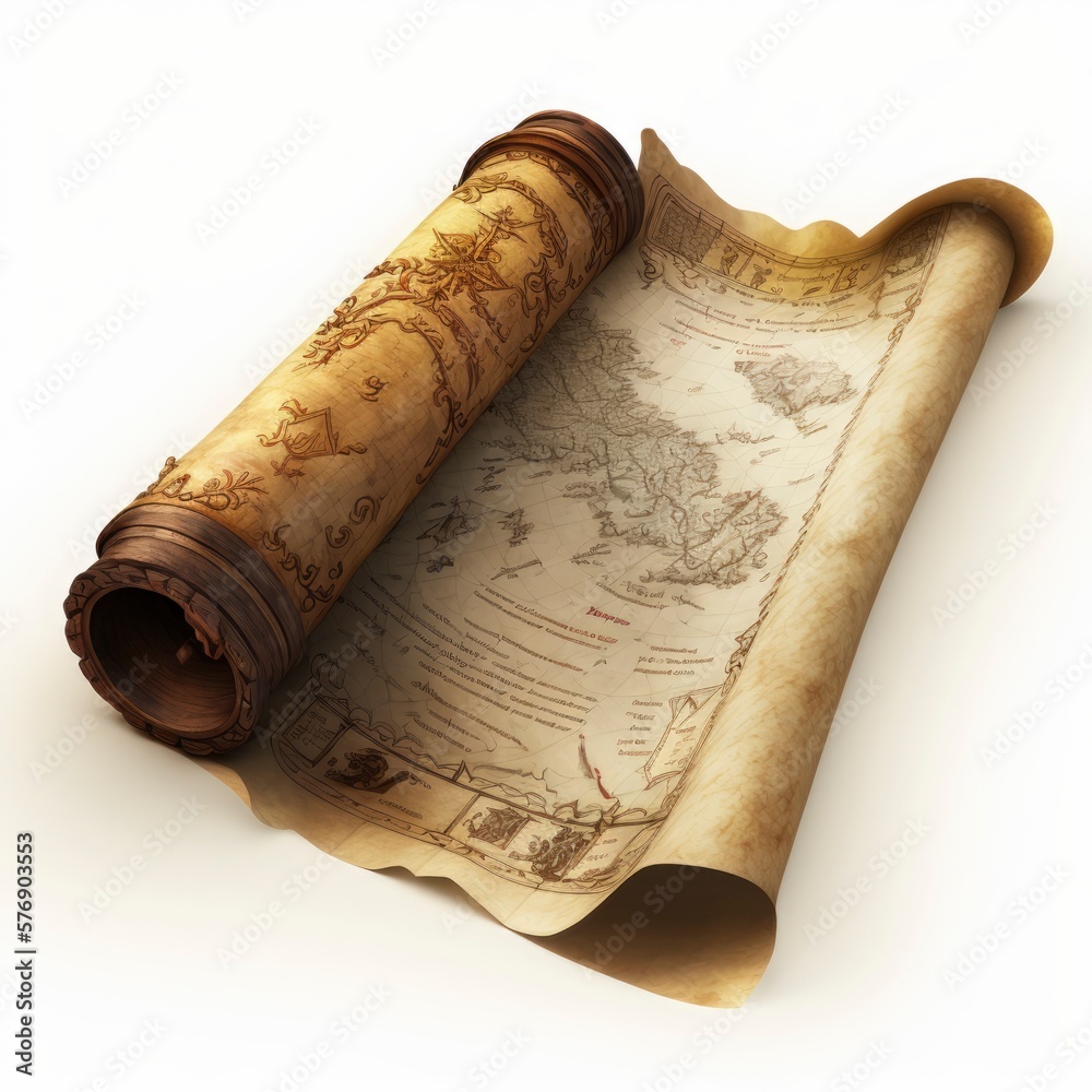 old paper scroll, isolated on white background, template illustration copy space art design for ...