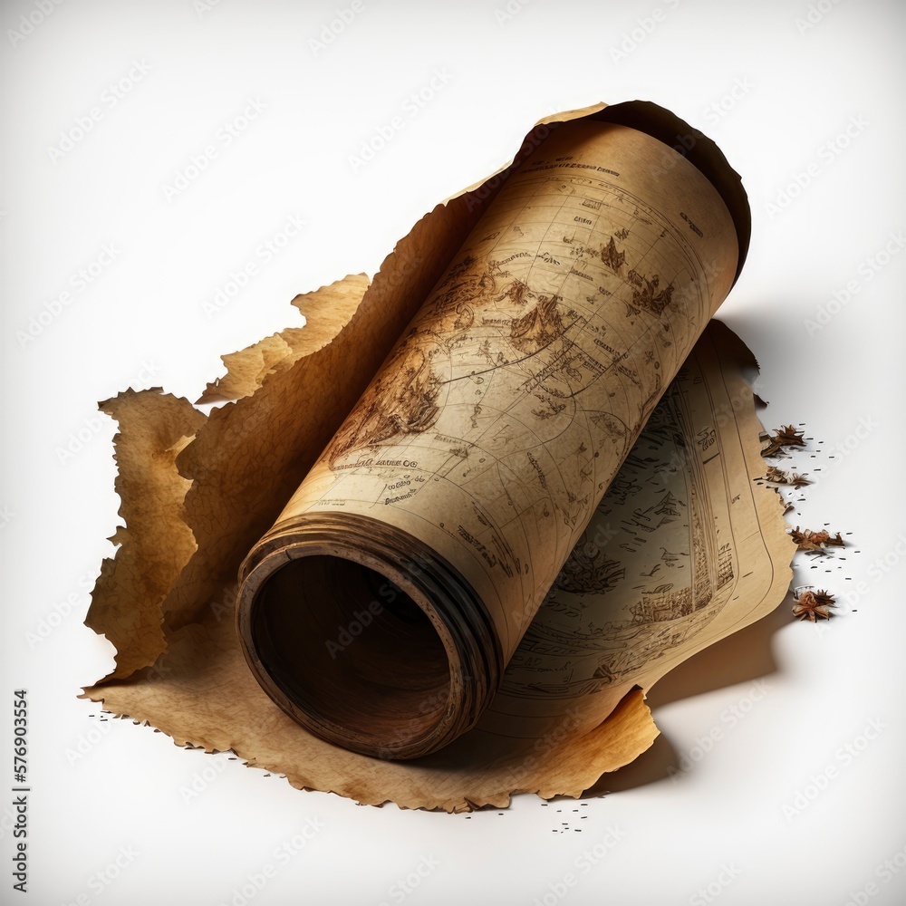 old paper scroll, isolated on white background, template illustration copy space art design for ...