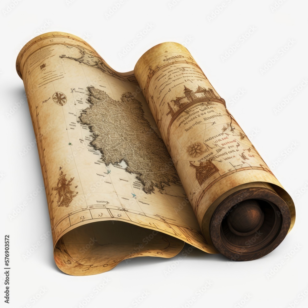 old paper scroll, isolated on white background, template illustration copy space art design for ...