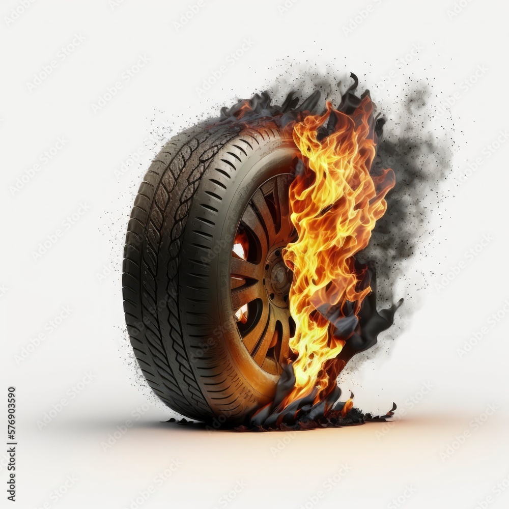 burning car wheel isolated on white background, flames and smoke, drift ...