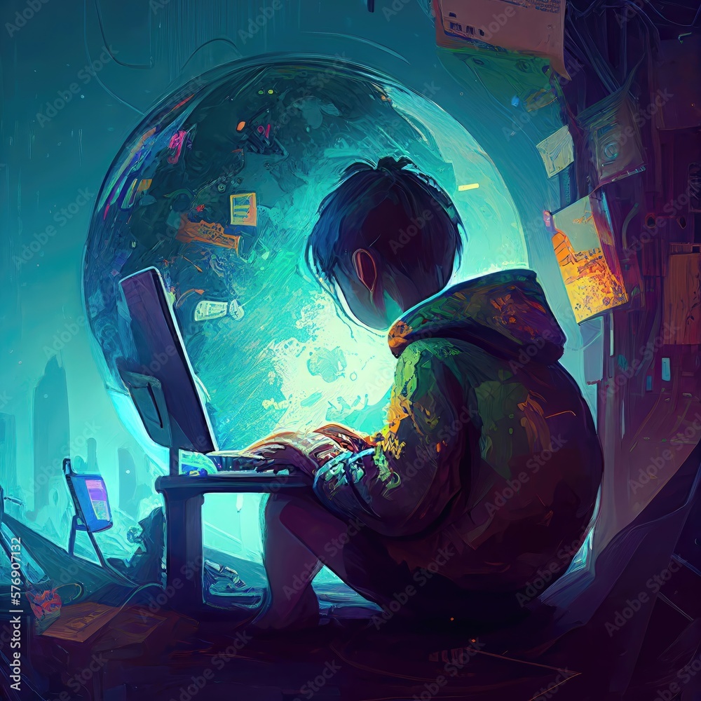 A concept illustration of a computer monitor displaying a stunning digital art piece, showcasing ...
