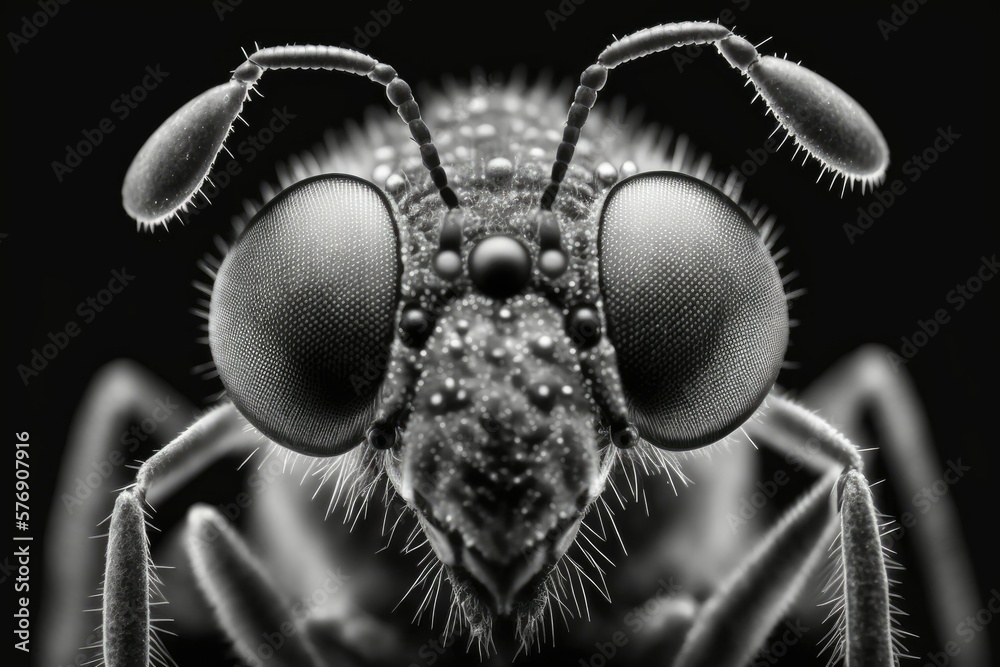 The extreme macro photography of a black ant's face. Close up to the ...
