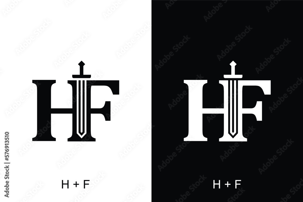 Letter HF with sword combination concept on black and white background ...