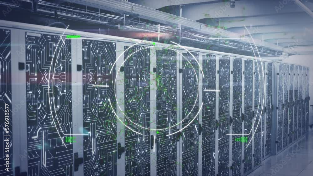 Animation of circle scanning over electronic circuit board patterns on data center racks vídeo ...