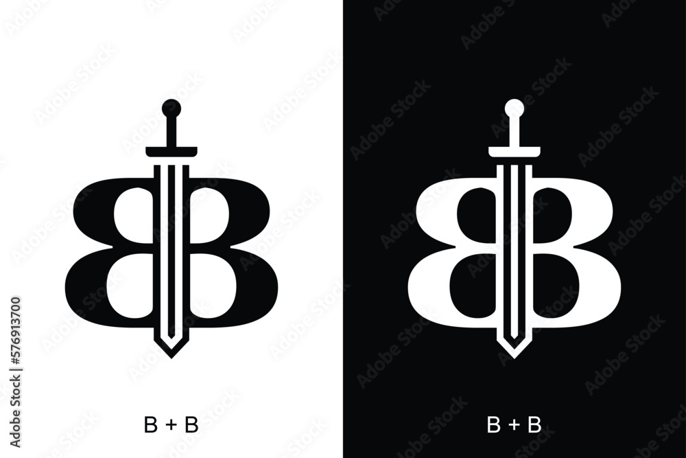 Letter BB with sword combination concept on black and white background ...