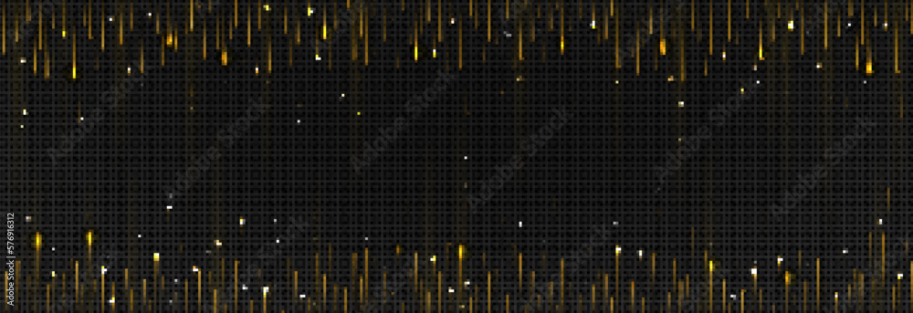 Golden meteor fall vector frame on black background. Gold rain veil ...