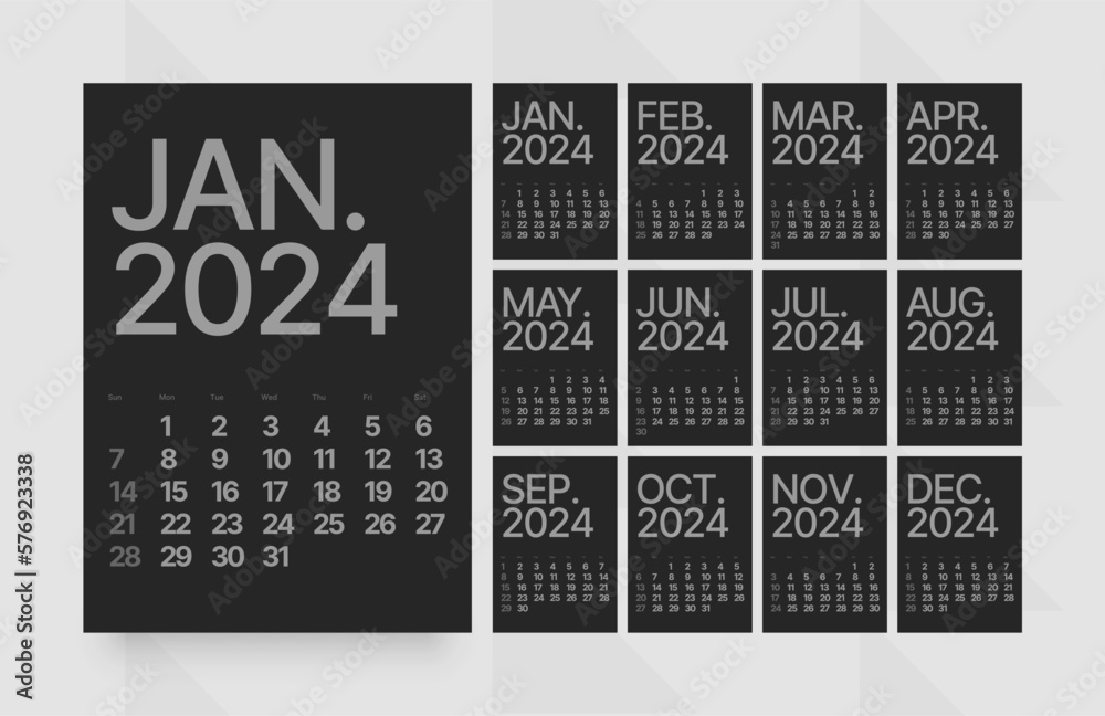 Monthly calendar template for 2024 year. Vertical calendar grid in ...