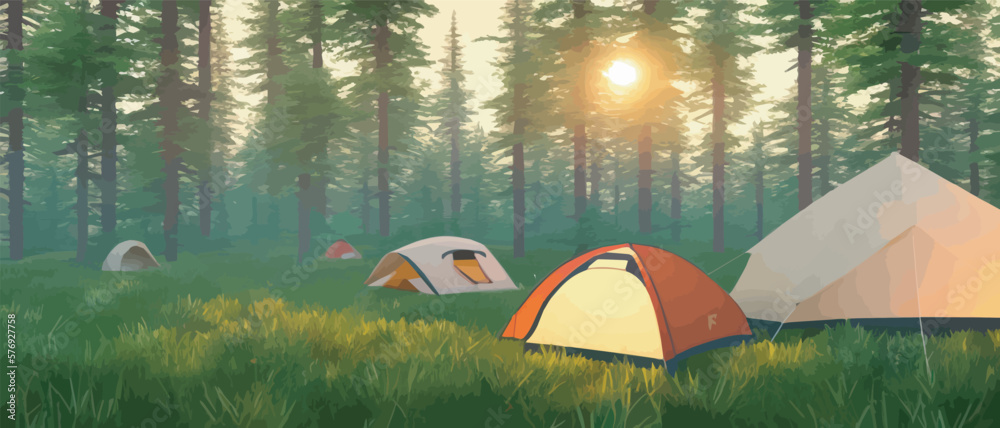Tourist summer camping with tents vector illustration banner. Camping ...