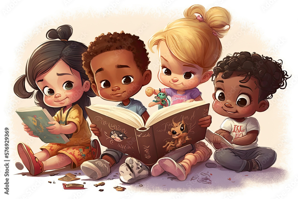Girls and boys sitting reading books, cartoon style, generative AI ...
