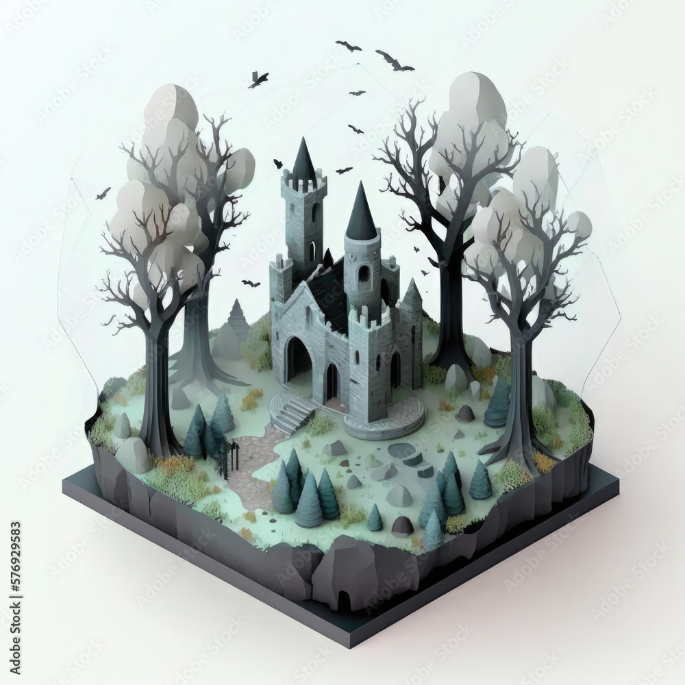 misty forest and old castle, isometric low poly view AI generation ...