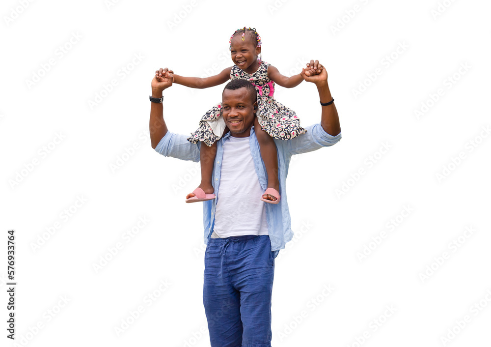 Cheerful African American father and daughter, Father carrying daughter on shoulders, Little ...