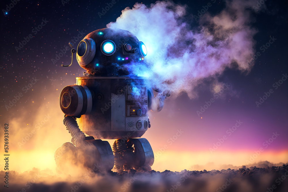 An old robot out of use creates a disturbing atmosphere with its smoke ...