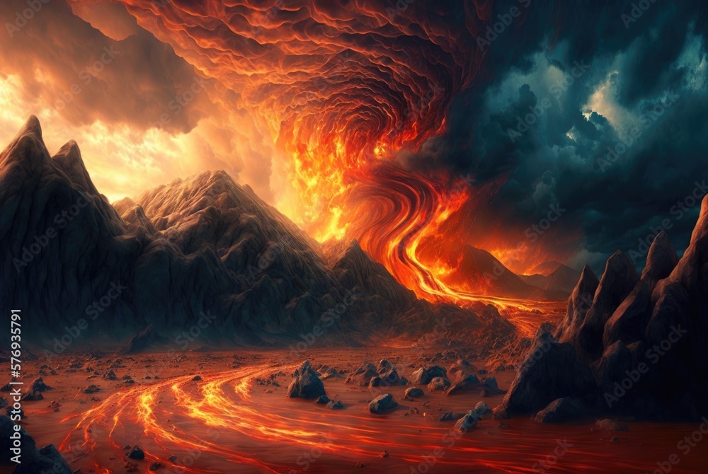 Infernal underworld of brimstone and fire, dramatic volcano eruptions ...