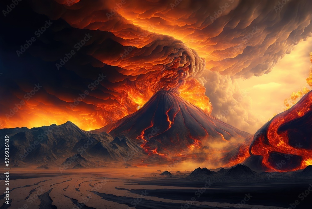 Infernal underworld of brimstone and fire, dramatic volcano eruptions ...