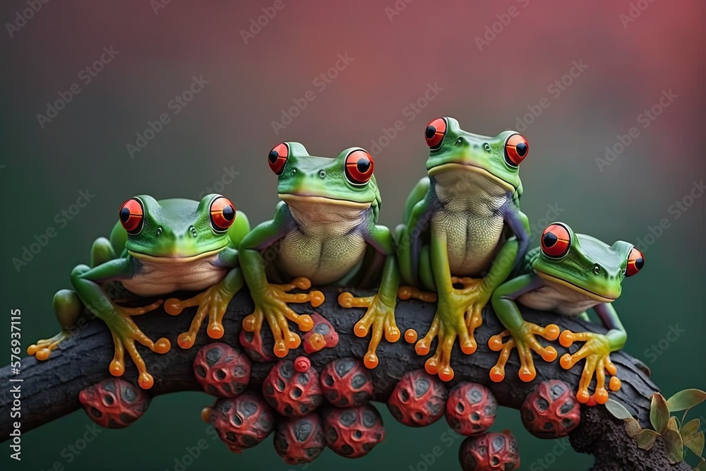 Animal closeup, amphibian closeup, Litoria caerulea tree frog on red ...