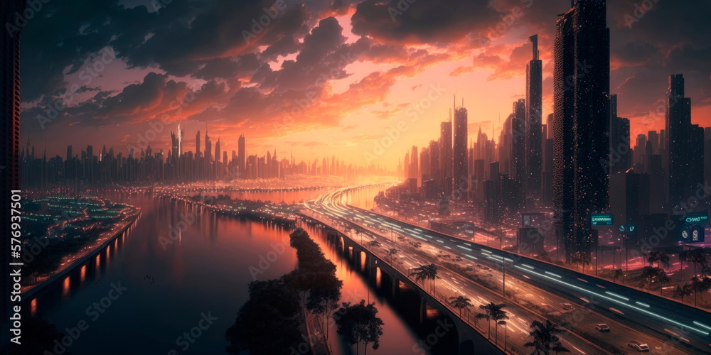 Smart city coming to life as the sun sets and the city lights up ...