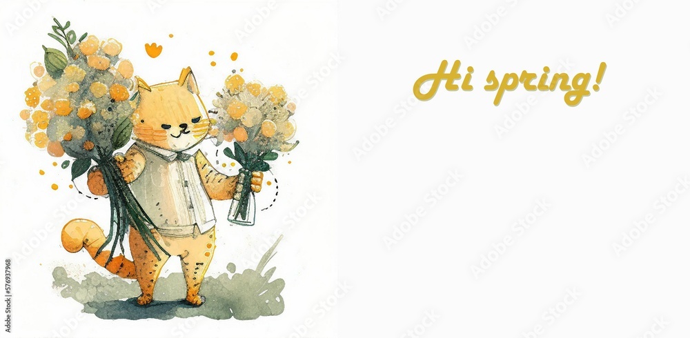 Watercolor drawing of a funny cat with flowers. Text - Hello Spring ...