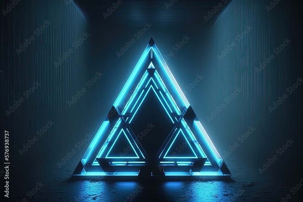 Neon triangle lamp, shining blue light. Digital club concert in the ...