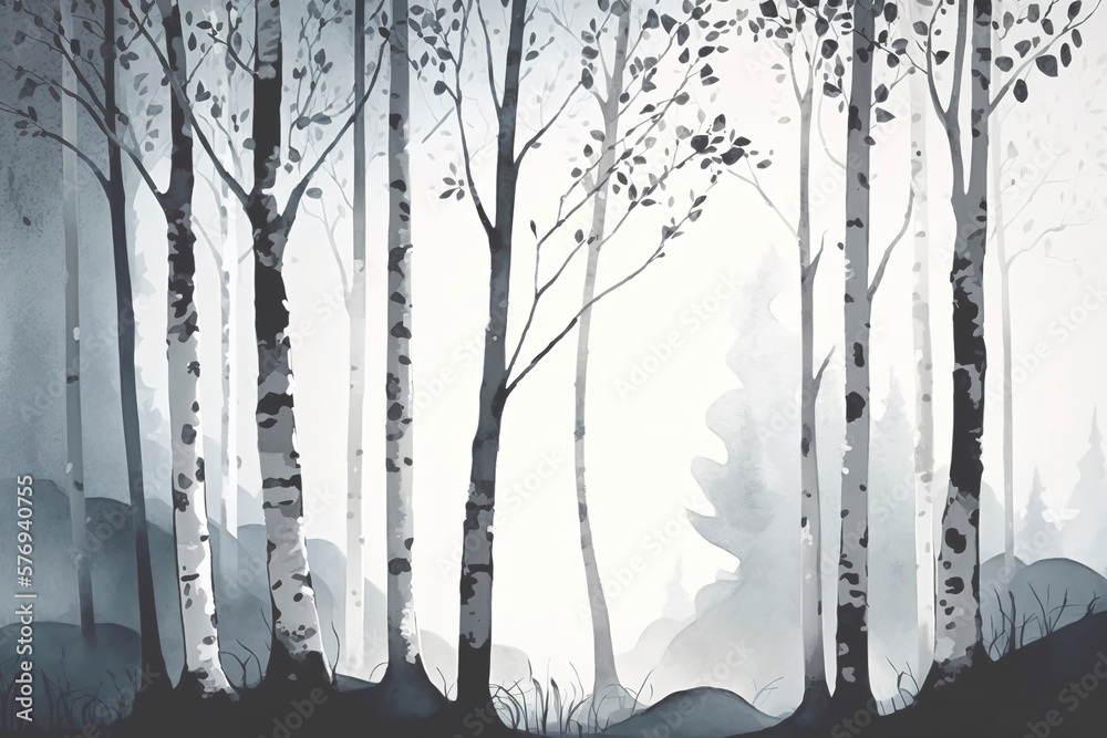 Birch trees black and white watercolour landscape, generative AI ...