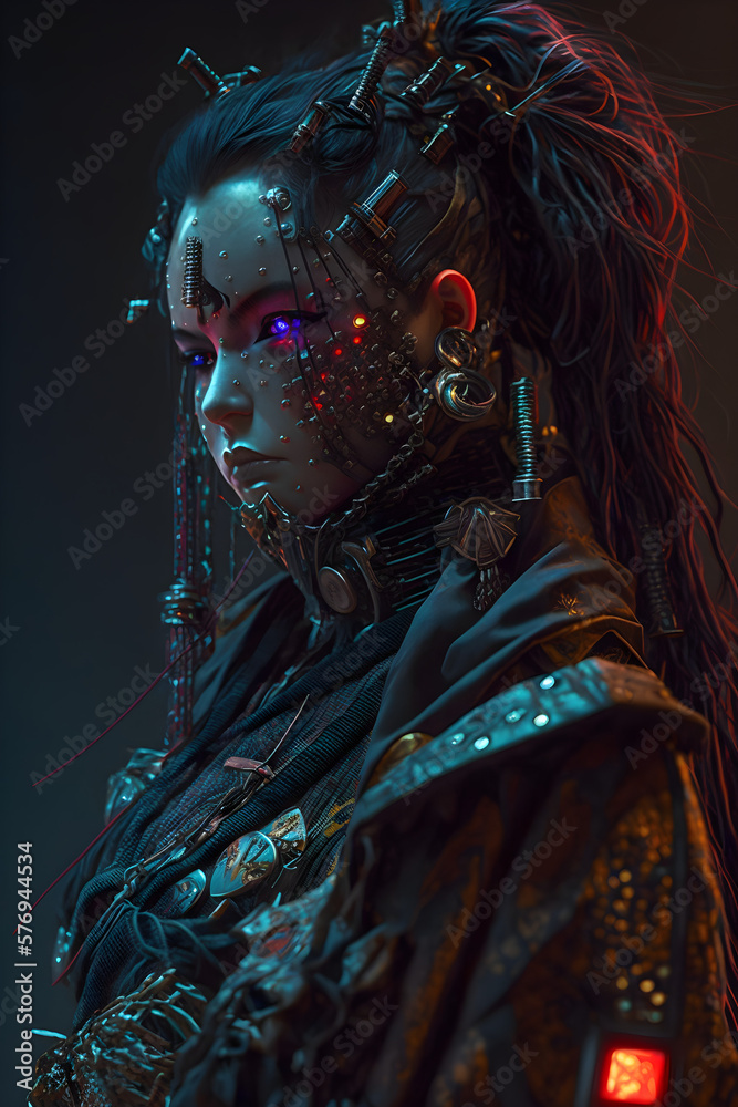 Female samurai in cyber armor, epic sceen, dark background Stock ...