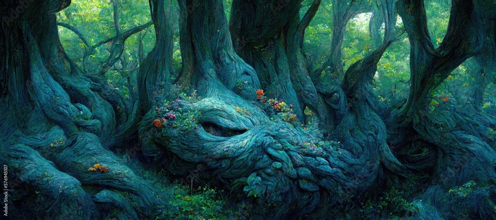 imaginative fantasy forest, foggy clouds, enchanted ancient oak trees ...