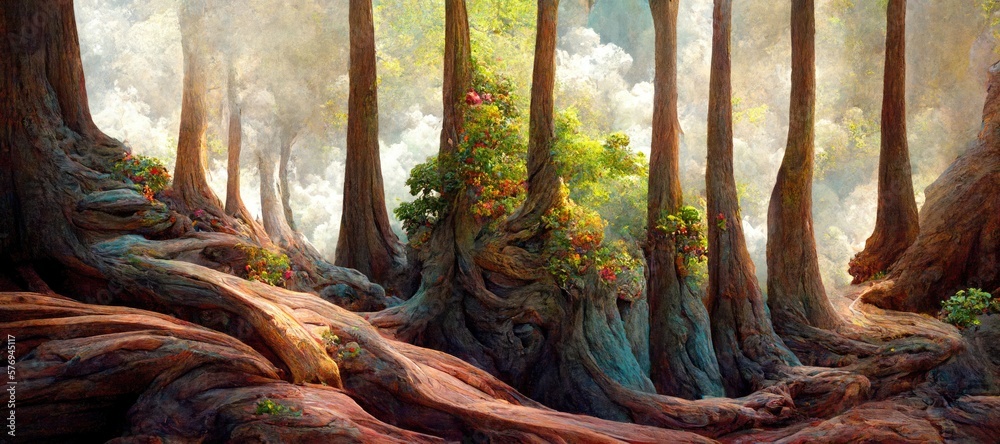 imaginative fantasy forest, foggy clouds, enchanted ancient oak trees ...