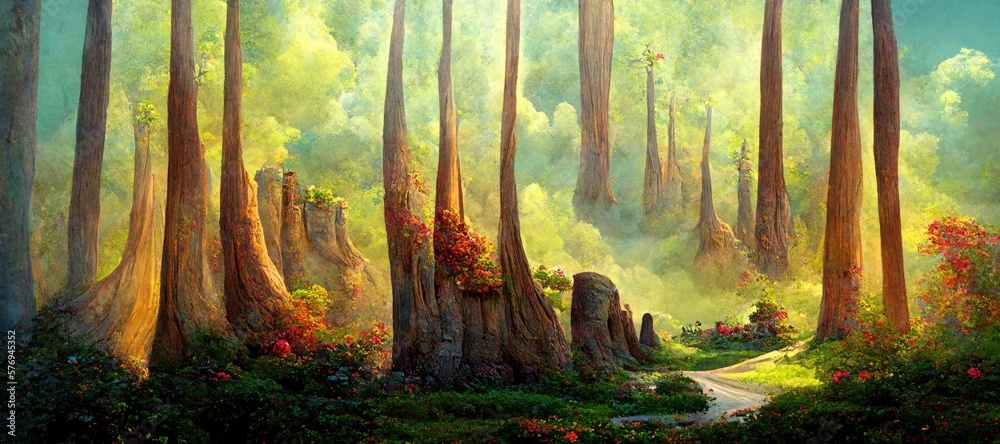 imaginative fantasy forest, foggy clouds, enchanted ancient oak trees ...