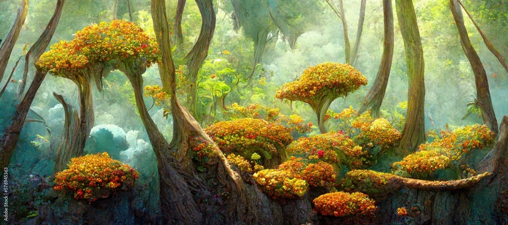 imaginative fantasy forest, foggy clouds, enchanted ancient oak trees ...