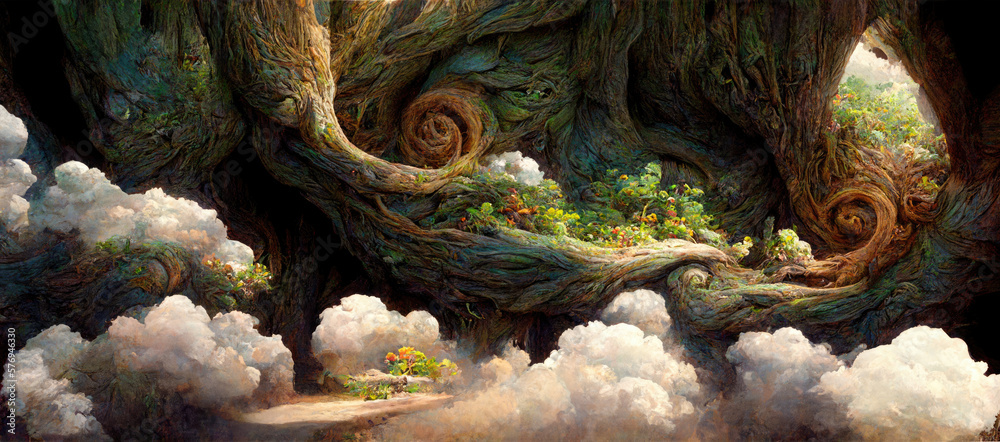 imaginative fantasy forest, foggy clouds, enchanted ancient oak trees ...