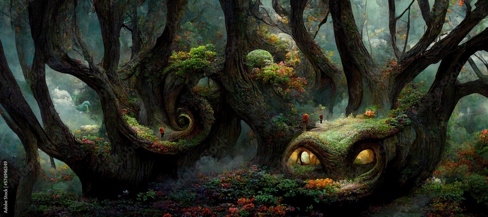 imaginative fantasy forest, foggy clouds, enchanted ancient oak trees ...
