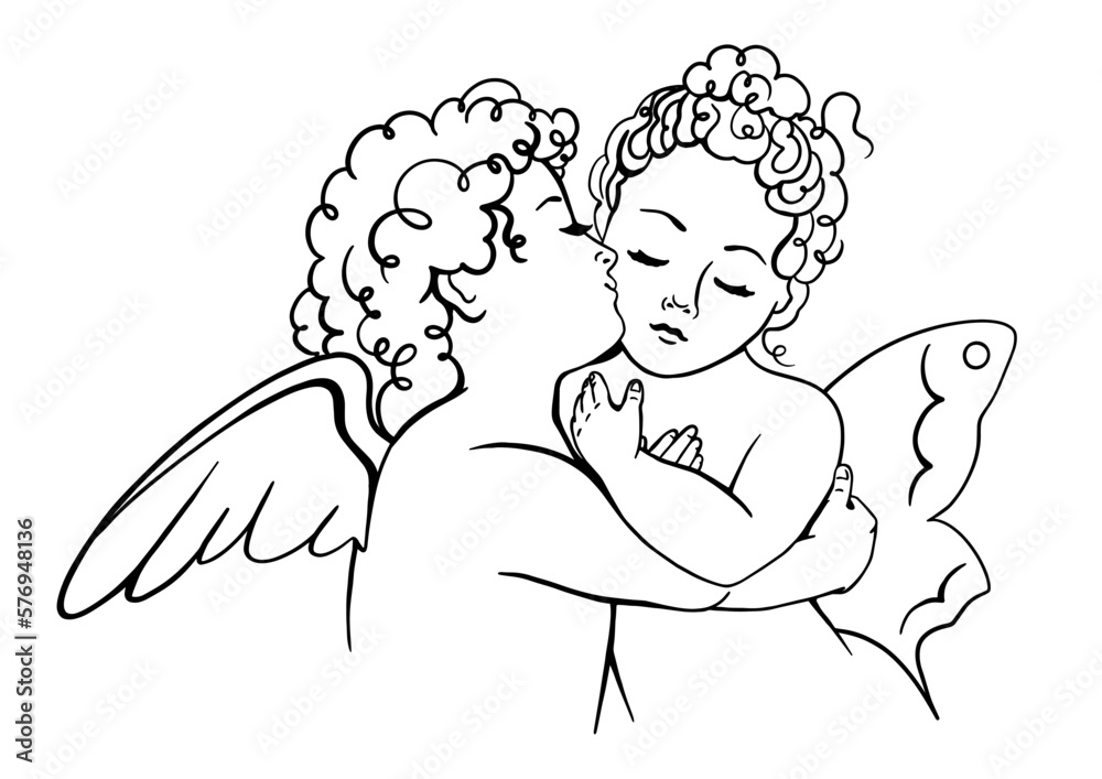 Tender vintage print, tattoo or sketch.Loving couple of angels kisses ...