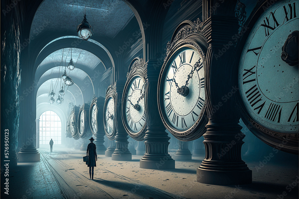 Homme face à des horloges géantes dans la galerie du temps - Concept du ...
