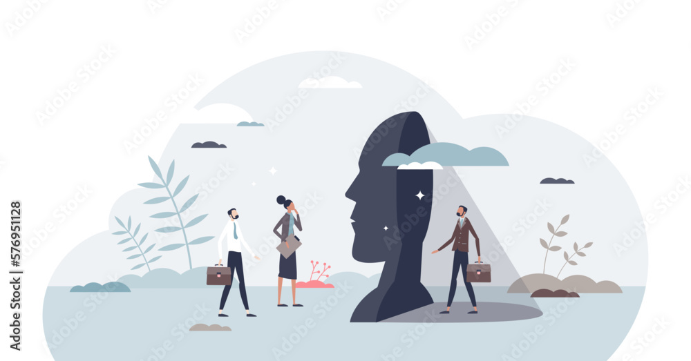 Vetor de Imposter syndrome as abilities doubt and fraud feeling tiny ...