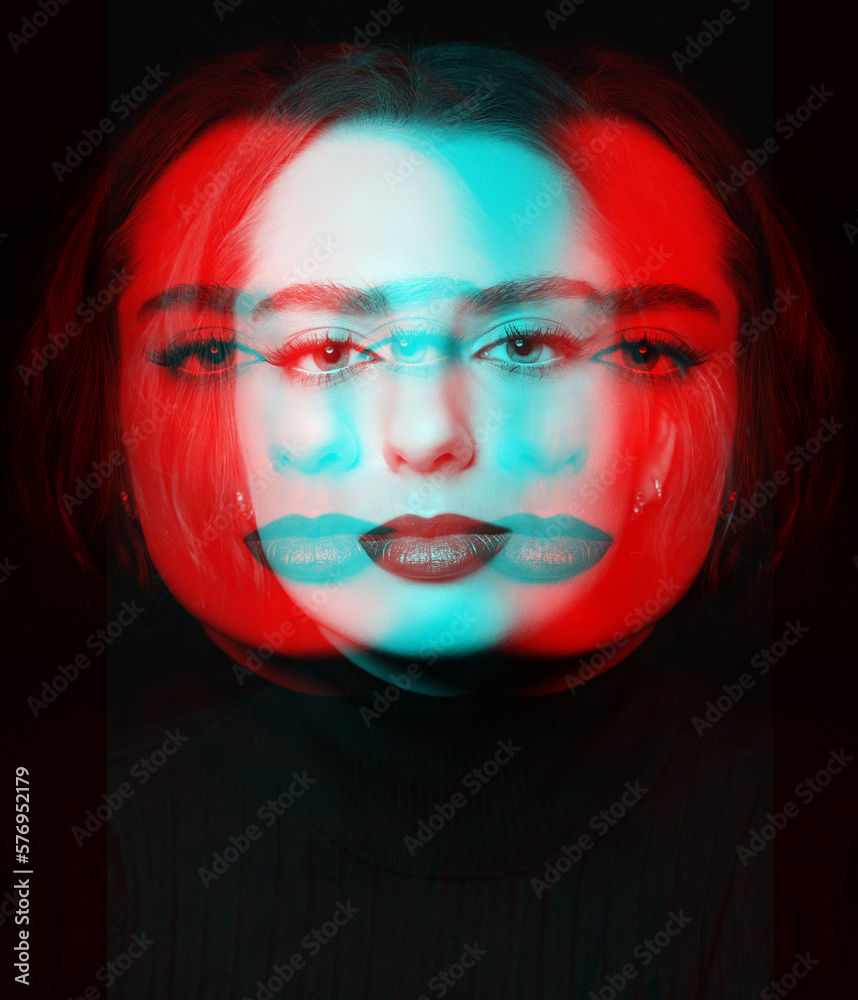 Beautiful woman with make-up close-up studio portrait in RGB color ...