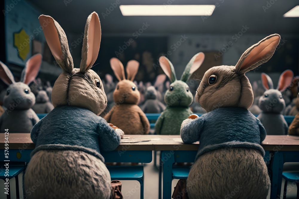 Class of cute red grey rabbits sitting at their desks sitting at a ...