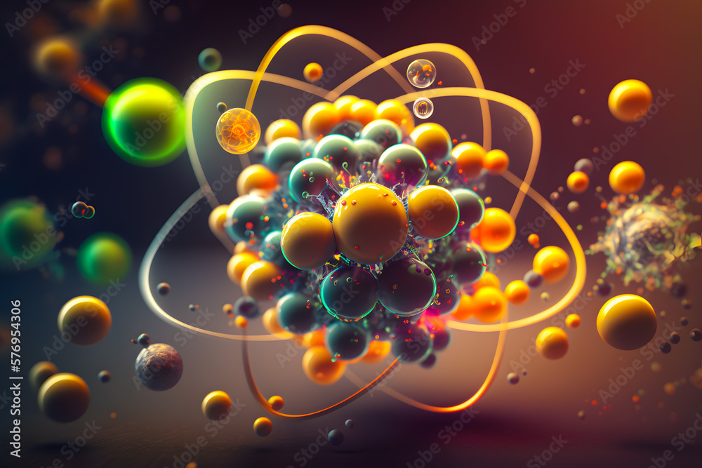 Enlarged model of an atom with a nucleus of protons, neutrons and ...