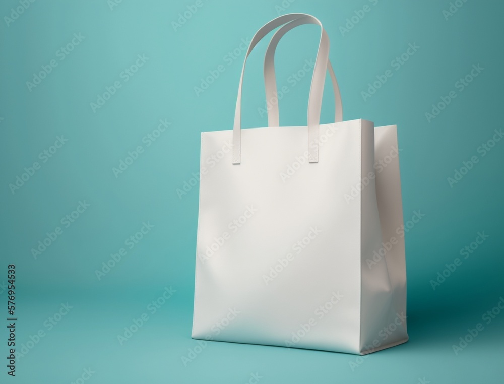 Empty white tote bag mockup isolated on cyan light blue background ...