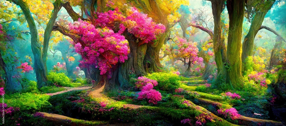 Enchanting ancient fantasy forest woodland meadow, bright vivid spring ...