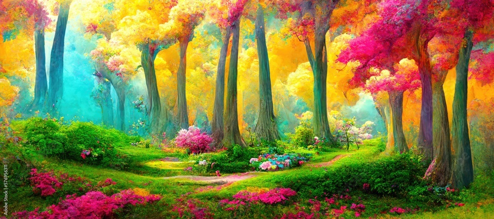 Enchanting ancient fantasy forest woodland meadow, bright vivid spring ...
