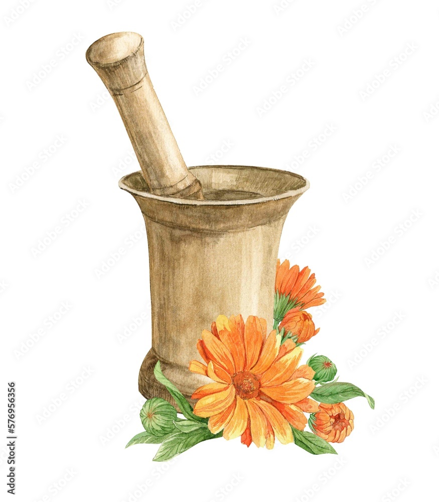 Antique copper mortar and calendula flowers. Preparation of herbal tea ...