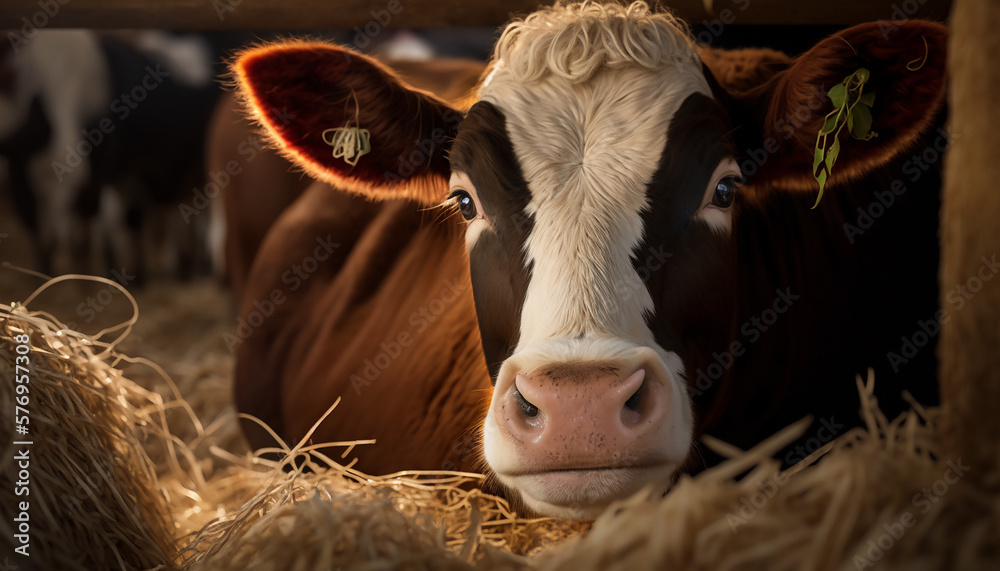 Cow farm, A close-up of a cow's face as it chews on a tuft of hay, with ...