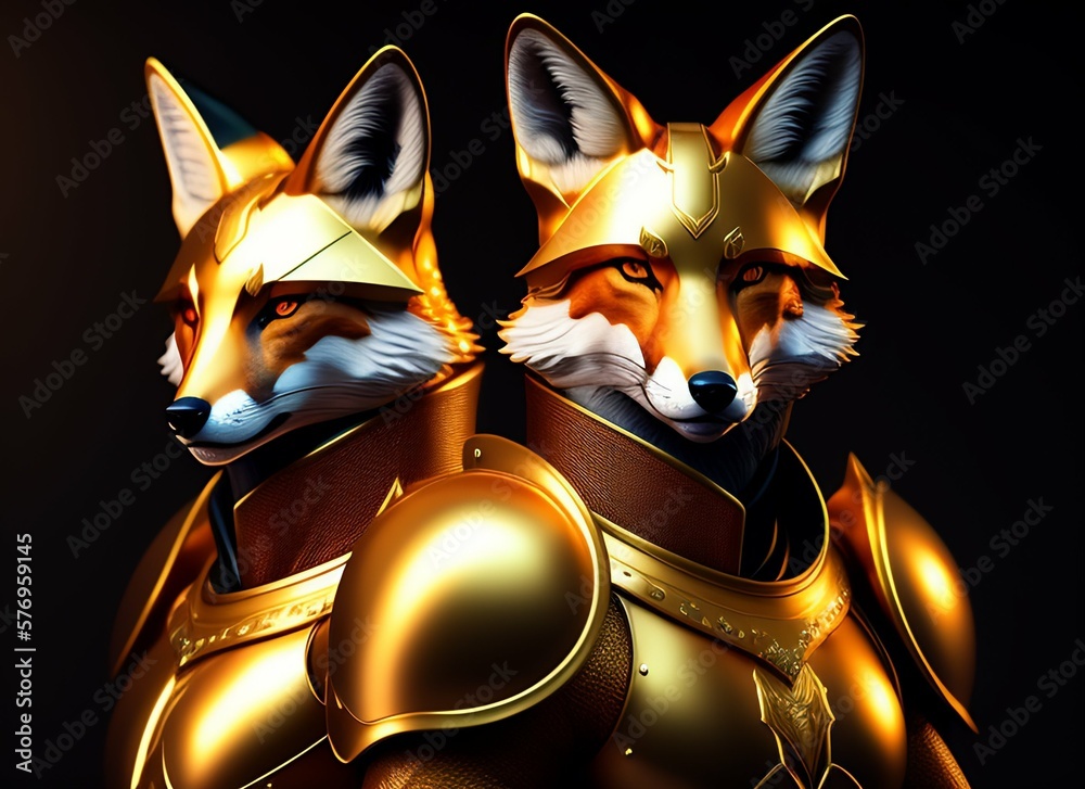 closeup portrait of a male humanoid fox wearing heavy gold combat armor ...