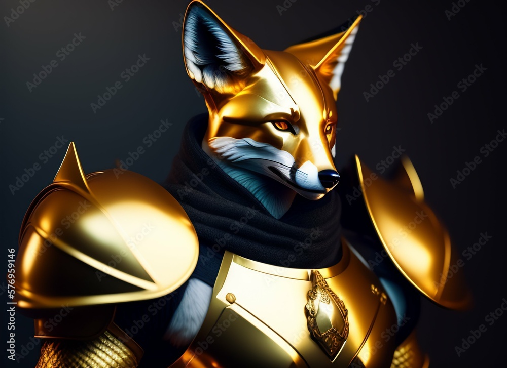closeup portrait of a male humanoid fox wearing heavy gold combat armor ...