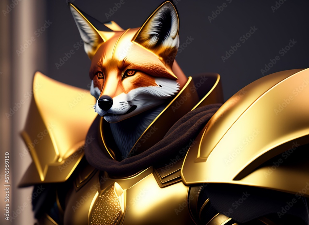 closeup portrait of a male humanoid fox wearing heavy gold combat armor ...
