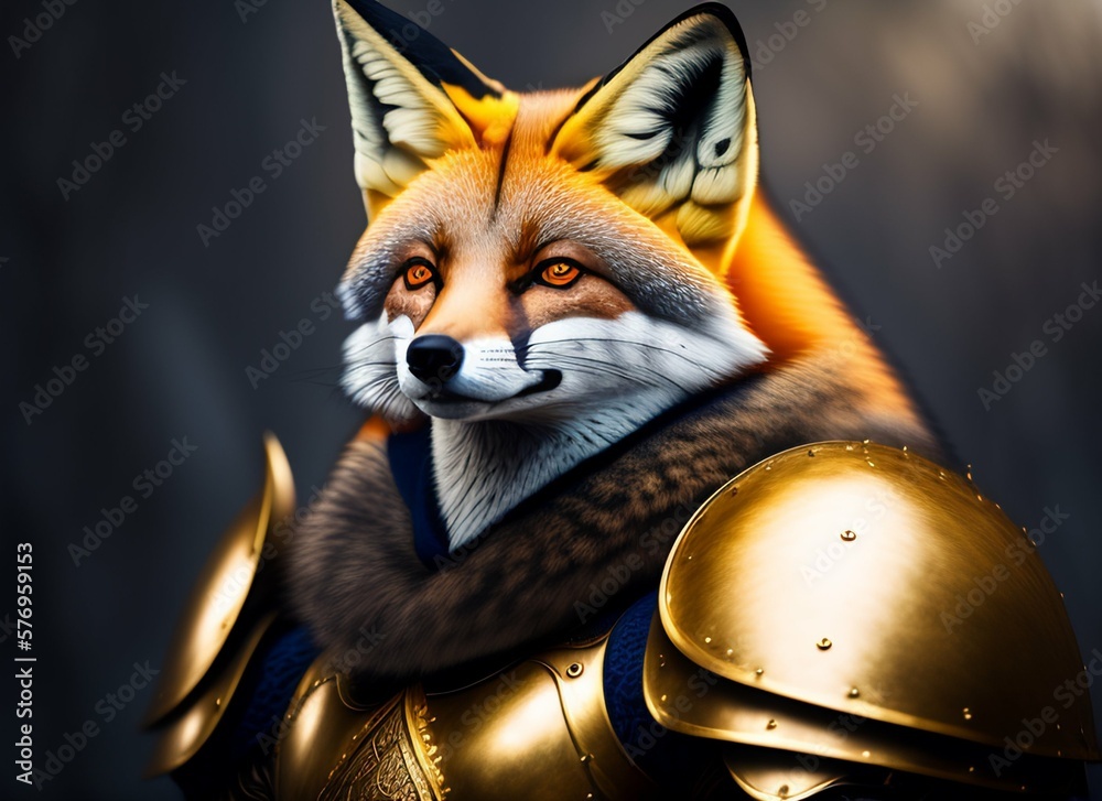 closeup portrait of a male humanoid fox wearing heavy gold combat armor ...