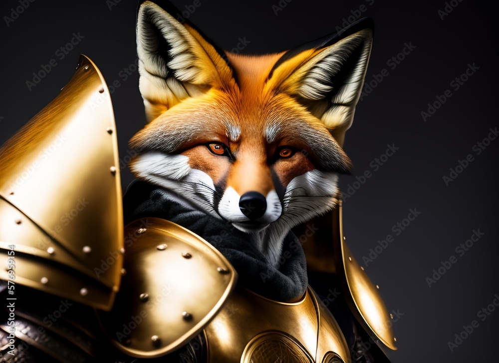closeup portrait of a male humanoid fox wearing heavy gold combat armor ...