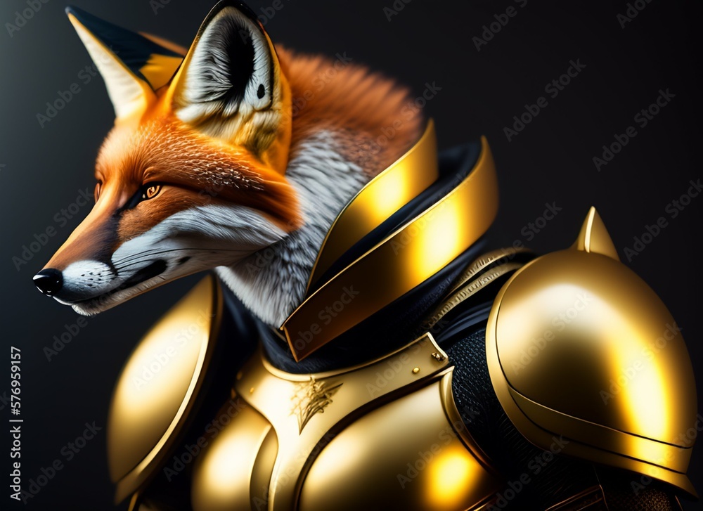 closeup portrait of a male humanoid fox wearing heavy gold combat armor ...